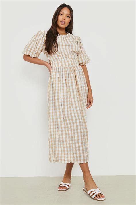 Tall Gingham Open Back Puff Sleeve Maxi Dress Boohoo Usa