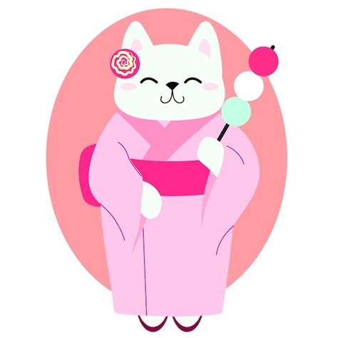 기모노를 입은 흰색 만화 키티는 경단 일본 전통 과자를 먹는다 프리미엄 벡터