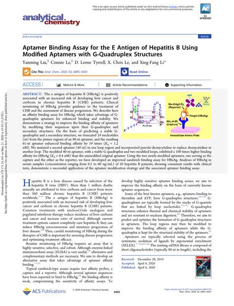 [pdf] Aptamer Binding Assay For The E Antigen Of Hepatitis B Using Modified Aptamers With G
