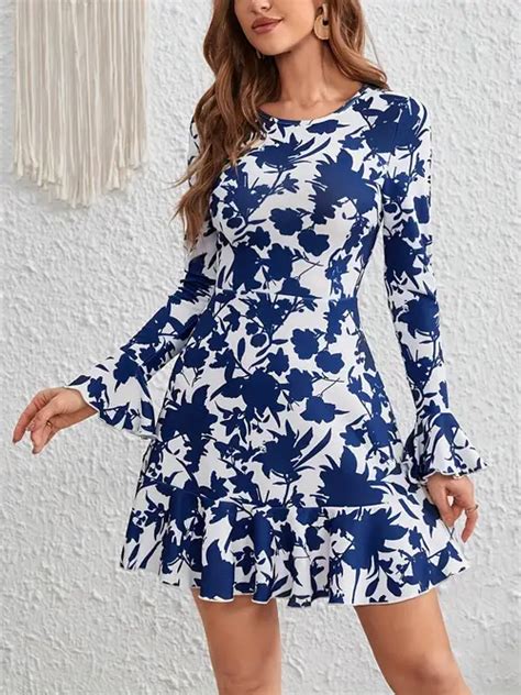 Floral Print Long Sleeve Dress Elegant Ruffle Trim Crew Neck Temu