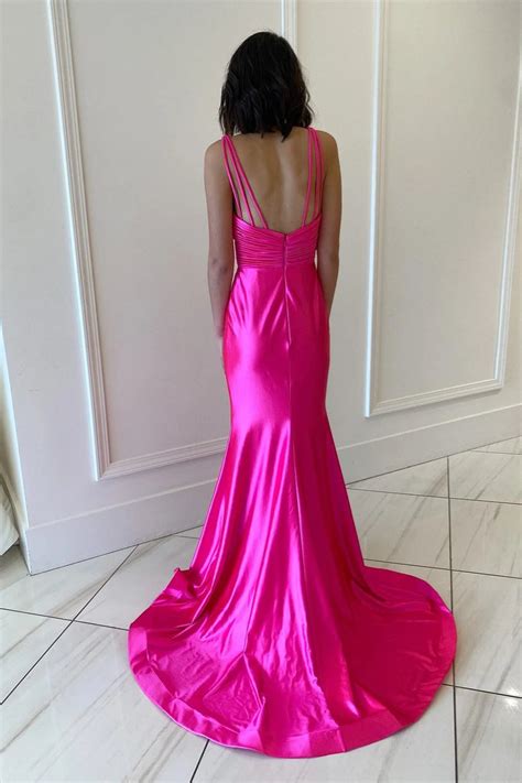 Hot Pink Satin V Neck Mermaid Long Prom Dresses Mermaid Hot Pink Form