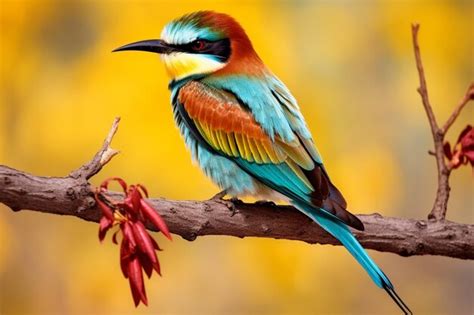Beeeater With Multicolored Feathers And Open Wings Sitting On The