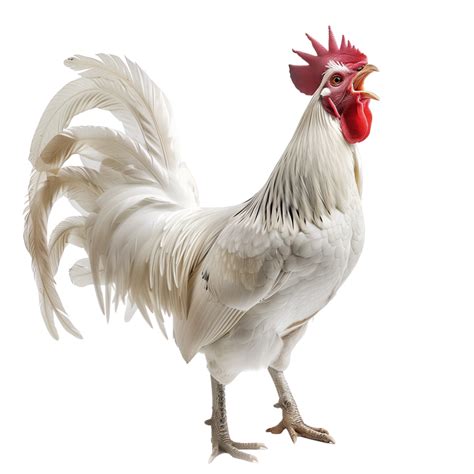 A Majestic White Rooster Crowing With Its Beak Open Wide Isolated On A