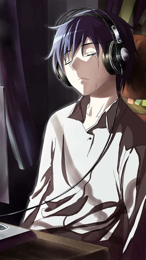 Download Melancholic Anime Character Headphones Wallpaper