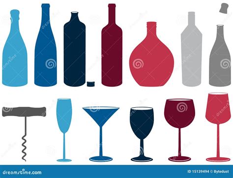 Vector Set Of Liquor Bottles Glasses And Corkscrew Stock Vector