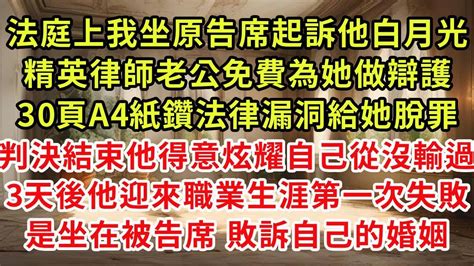 法庭上我坐原告席起訴他的白月光，精英律師老公免費為她做辯護，30頁a4紙鑽法律漏洞給她脫罪，判決結束他得意炫耀自己不可能輸，3天後他迎來第一次