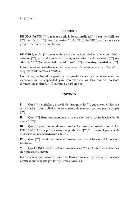 Modelo De Contrato Influencer Embajador De Marca Maryy UDocz
