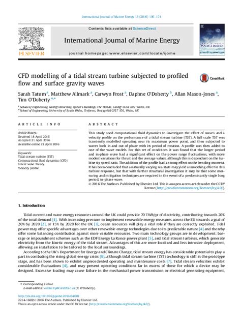 Pdf Cfd Modelling Of A Tidal Stream Turbine Subjected To Profiled Flow And Surface Gravity Waves