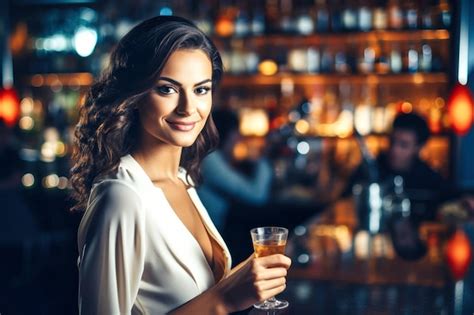 Premium Ai Image Smiling Woman Sitting At A Bar With A Glass Of