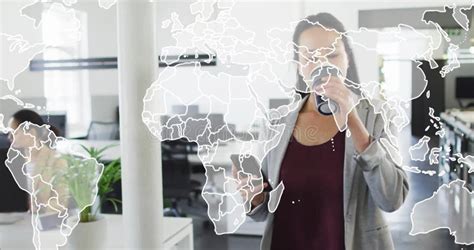 Interacting With Animation Businesswoman In Office Using Digital World Map Overlay Stock Video
