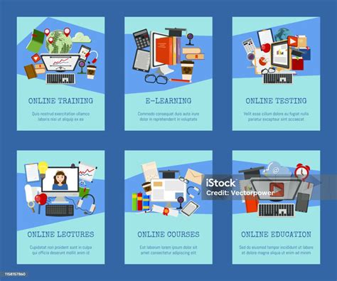 카드 배너의 거리 교육 세트 온라인 코스 웨비나 퀴즈 E러닝 튜토리얼 및 강의 벡터 일러스트레이션 데스크톱 컴퓨터 헤드폰 키보드 태블릿 감시에 대한 스톡 벡터 아트 및 기타