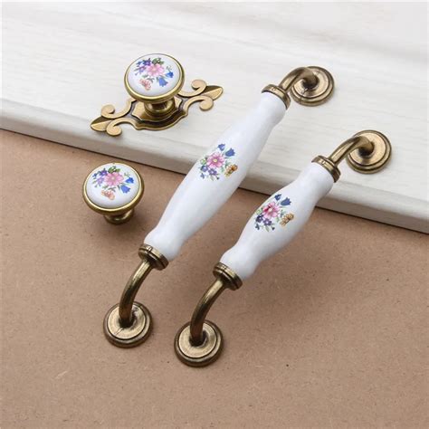 Vintage Ceramic Door Handles Metal Flower White Bronze Kitchen Cabinet