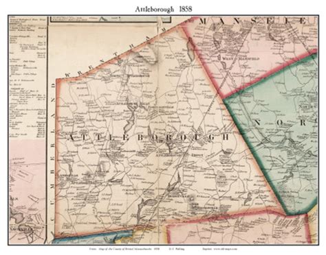 Attleborough Attleboro Massachusetts 1858 Old Town Map Custom Print
