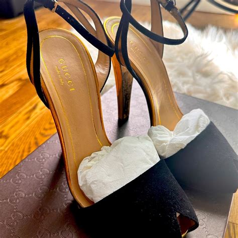 Gucci Peep Toe Black Suede And Gold Ankle Strap Heels Gem