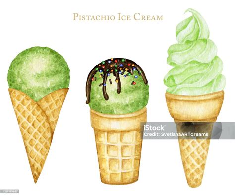 와플 콘 세트에 초콜릿으로 장식 된 다양한 녹색 피스타치오 아이스크림 스쿱 흰색 배경에 격리된 수채화 그림 0명에 대한 스톡 벡터 아트 및 기타 이미지 Istock