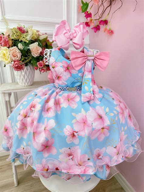 Vestido Infantil Azul Florido Rosa e Cinto de Pérolas Strass Rosa