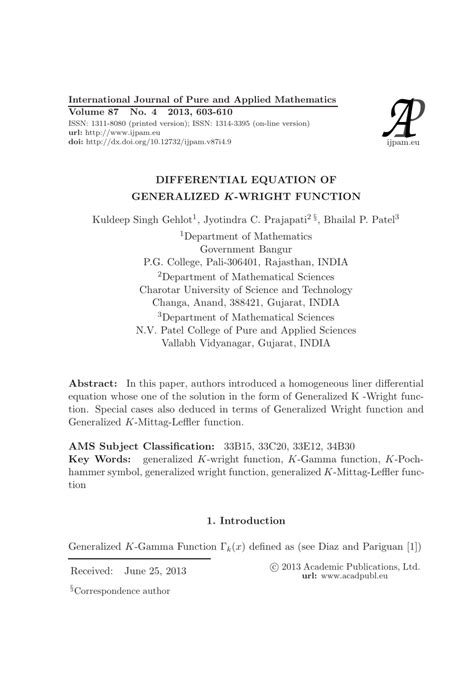 Pdf Differential Equation Of Generalized K Mittag Leffler Function