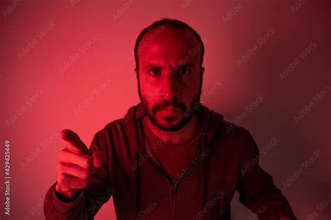 Concept Af Angry And Abusive Man With Red Light Studio Portrait Of Babe Furious Man Exploding