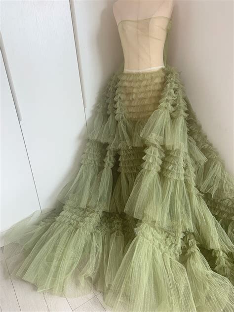 Moss Green Ruffle Fabric With Shimmer For Cake Dress Ruffles Fabric