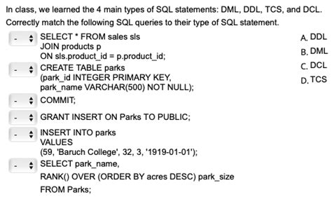 Solved In Class We Learned The 4 Main Types Of Sql