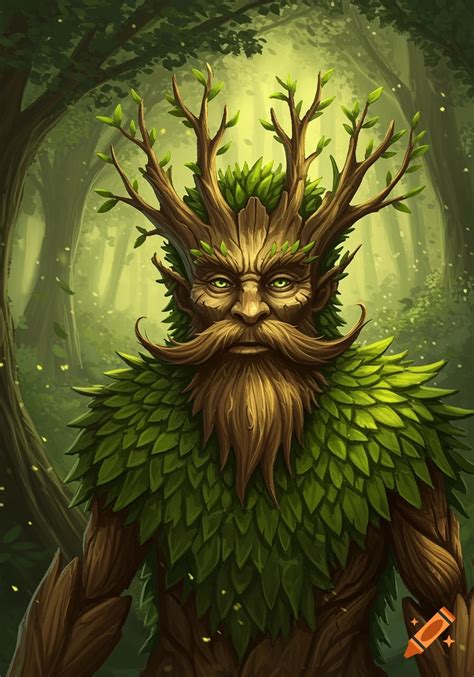 An Impish Humanoid Tree Creature With Glowing Eyes Made Of Wood Moss