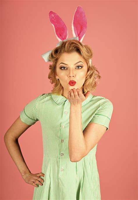 Funny Picture Of A Woman In Pinup Dress Rabbit Ears Stock Photo Image Of Erotica Cute