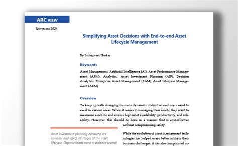 Industry Research On Simplifying Asset Lifecycle Management By ARC Advisory Group
