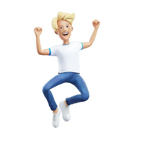 Ilustração 3d de personagem masculino feliz pulando fundo transparente