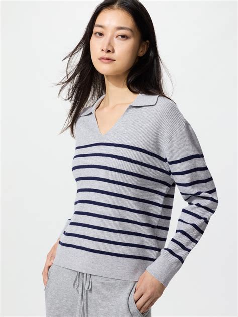 Womens Washable Knit Ribbed Polo Sweater Uniqlo Id