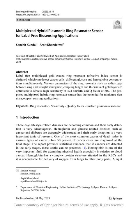 Multiplexed Hybrid Plasmonic Ring Resonator Sensor For Label Free
