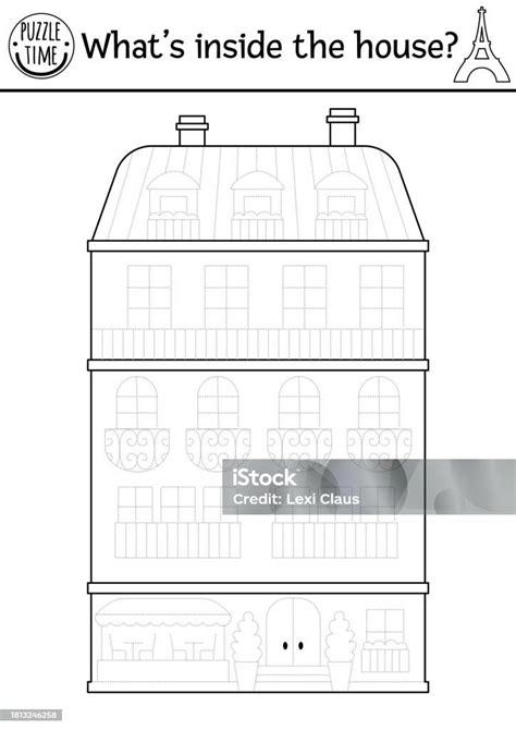 집을 추적하십시오 Vector France 테마 드로잉 연습 워크시트 아이들을 위한 인쇄 가능한 흑백 활동 전통적인 파리 건물이