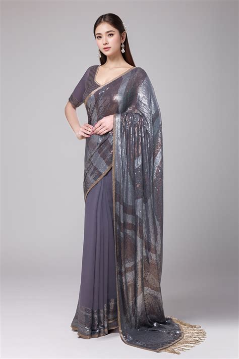 Buy Grey 100 Silk Chiffon Embroidered Sequins Scoop Saree With Blouse
