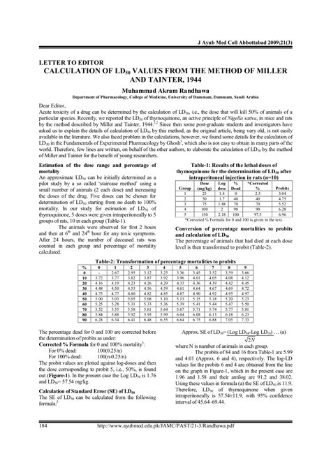 Pdf Calculation Of Ld50 Values From The Method Of Miller And Tainter