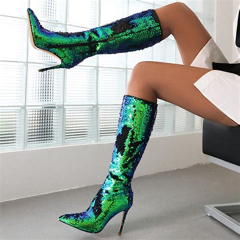 Kniehohe Damenstiefel CM Sexy Funkelnde Pailletten Spitz Stiletto Damen Wadenmitte Stiefel