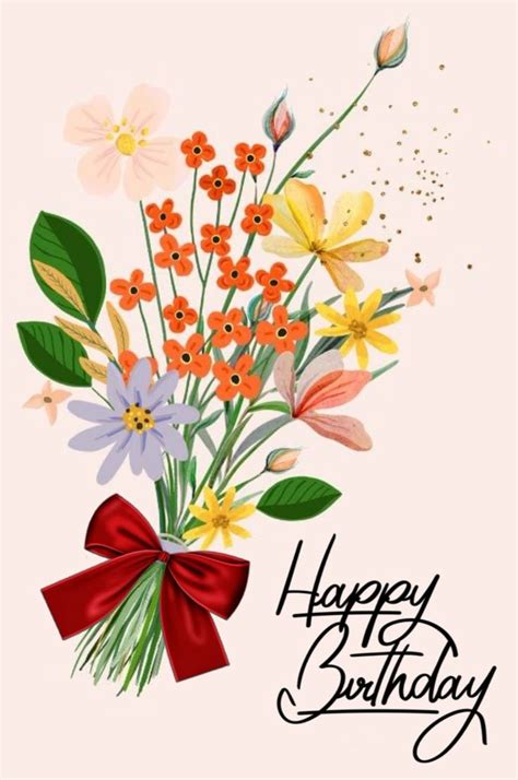 A Happy Birthday Card With Flowers And A Red Bow