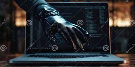 Anonymous Hacker And Cyber Criminal Man Emerging From Laptop Screen Grabbing And Stealing