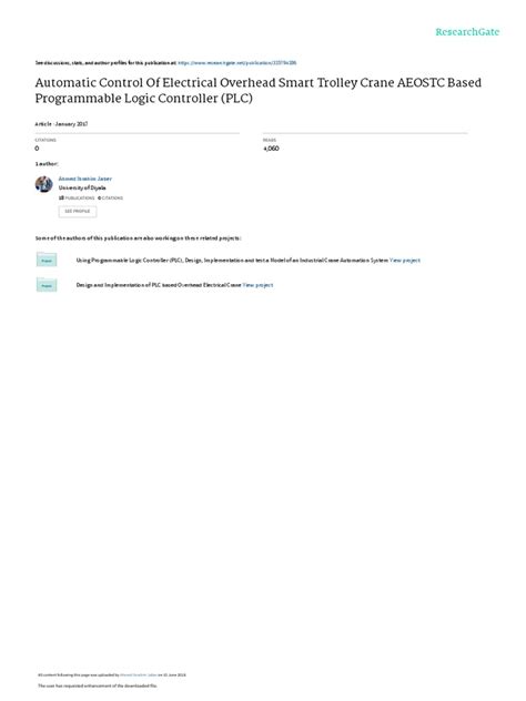 Automatic Control Of Electrical Overhead Smart Trolley Crane Aeostc Based Programmable Logic
