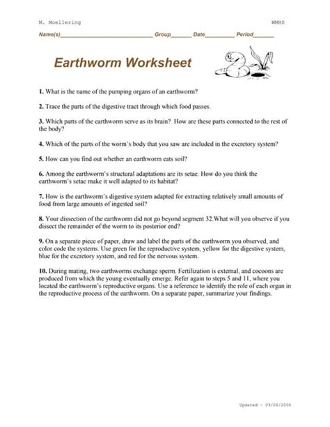 Earthworm Dissection Worksheet Doc