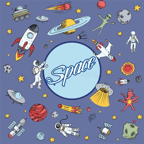 Colorful Hand Drawn Doodles Cartoon Set Space Objects Space Ships