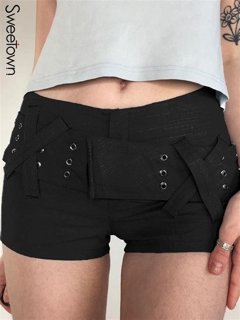 Sweetown Eyelet Belt Black Punk Goth Shorts Women Stretchy Low Waist