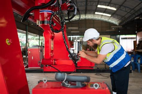 Premium Photo An Engineers Installing And Testing A Large Robotic Arm Before Sending It To
