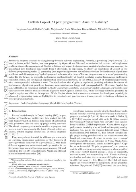 Github Copilot Ai Pair Programmer Asset Or Liability Deepai