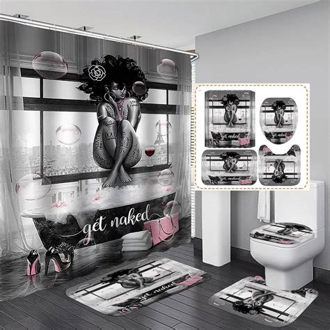 Olebety 4pcs Sexy Black Girl Shower Curtain Set Romantic