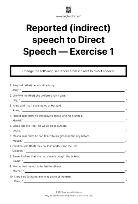 Reported Speech To Direct Speech Exercise 1