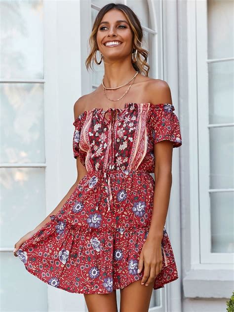 Robes Etés Femmes Courtes Imprimés Bohèmes Sexy Avec Epaules Dénudées