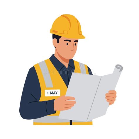 Construction Worker Wearing Safety Helmet And Vest Reading Blueprint