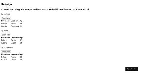 react export table to excel sample forked codesandbox