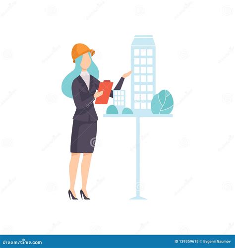 Architect Woman Character Wearing Orange Safety Helmet Presenting Her