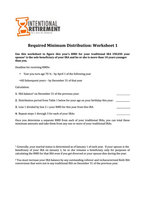 Required Minimum Distribution Worksheet Intentional Retirement Printable Pdf Download