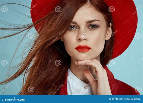 Beautiful Elegant Woman Red Lips Hat On Head Close Up Glamor Blue